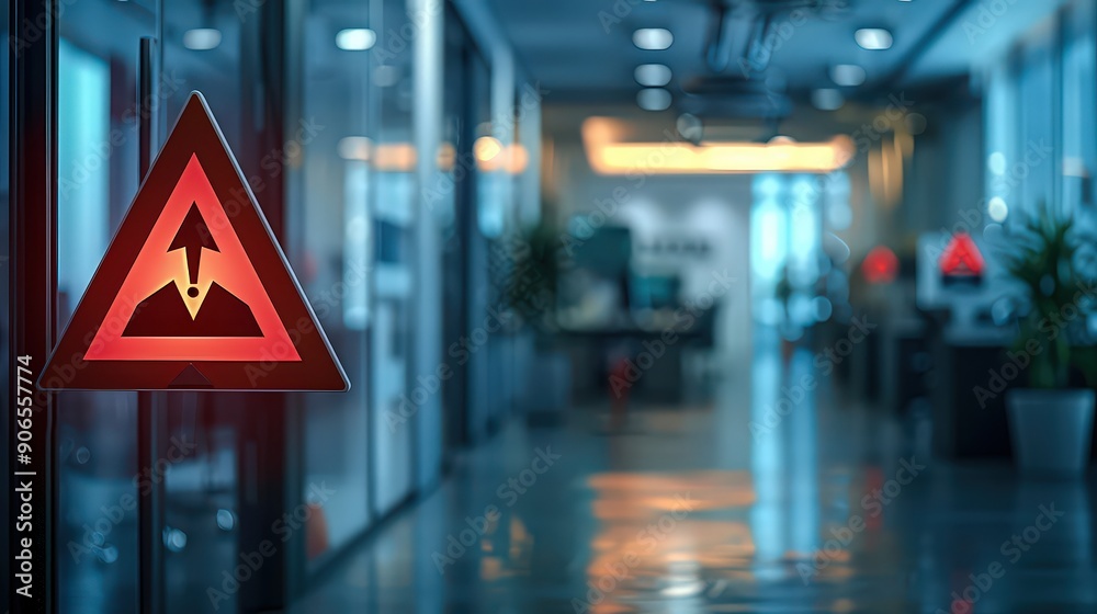 high-tech office corridor with a red triangular cybersecurity warning ...