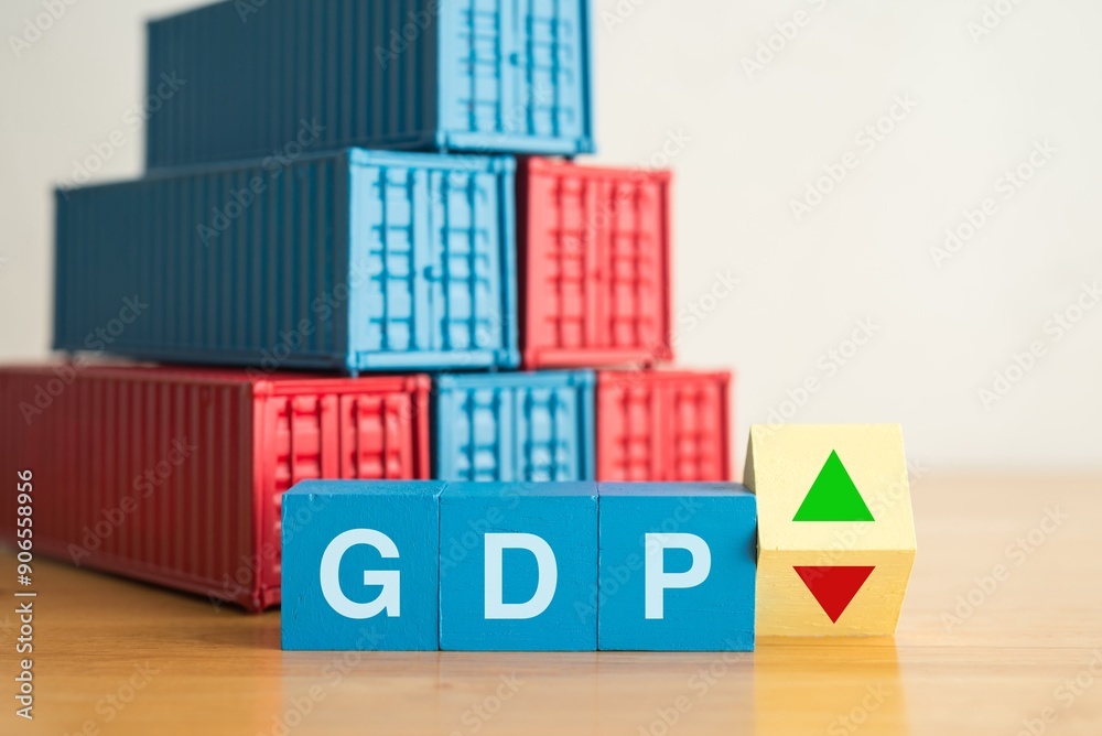Wooden blocks GDP, arrow triangle up and down with heap shipping ...