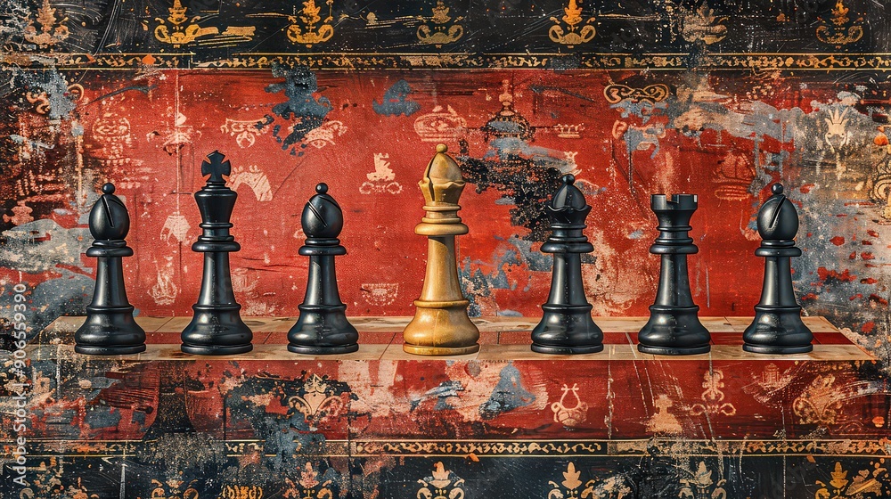 set of ornate chess pieces, including a unique golden bishop, arranged ...