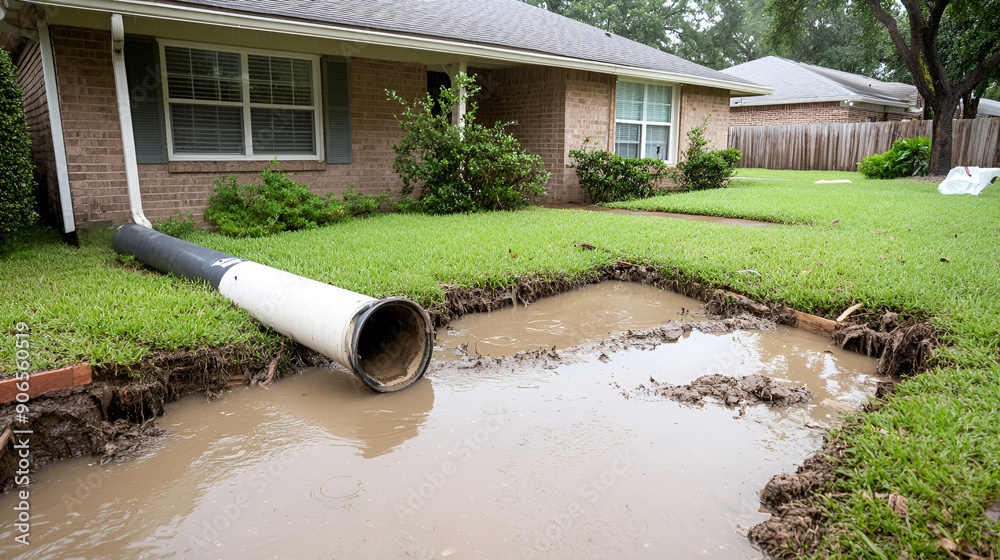 Flooded Yard with Overflowing Drain Pipe Stock Photo | Adobe Stock