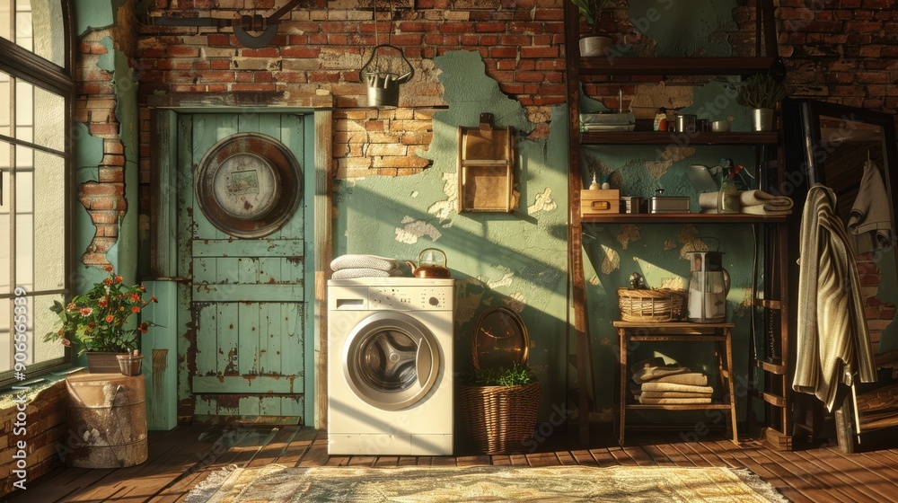 A vintage washing machine background set in a rustic laundry room with ...