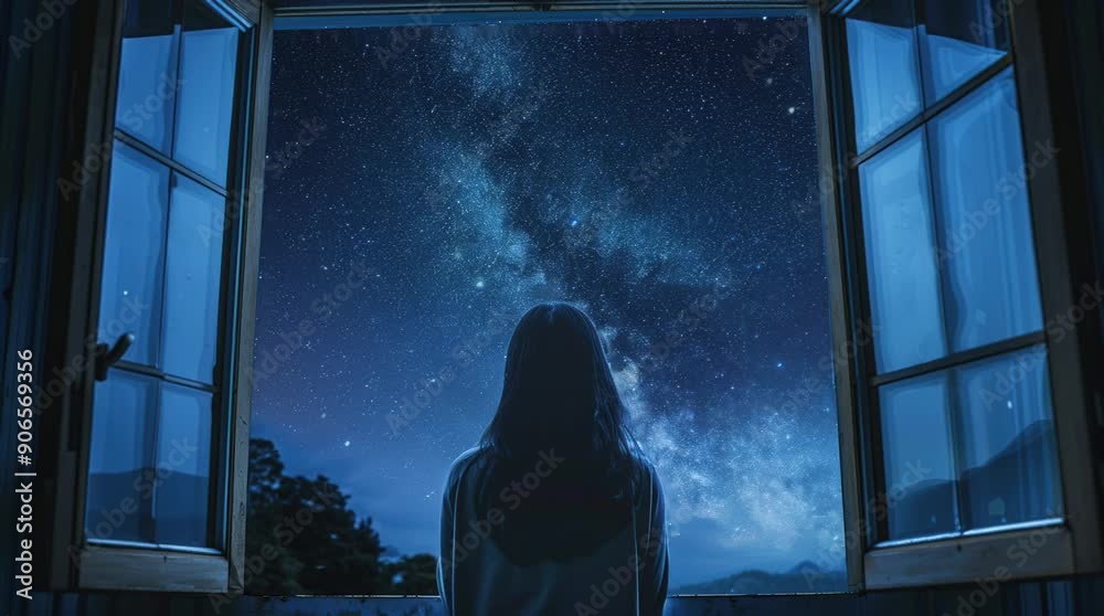 Anime girl by a window in a bedroom gazing at a starry sky at night ...