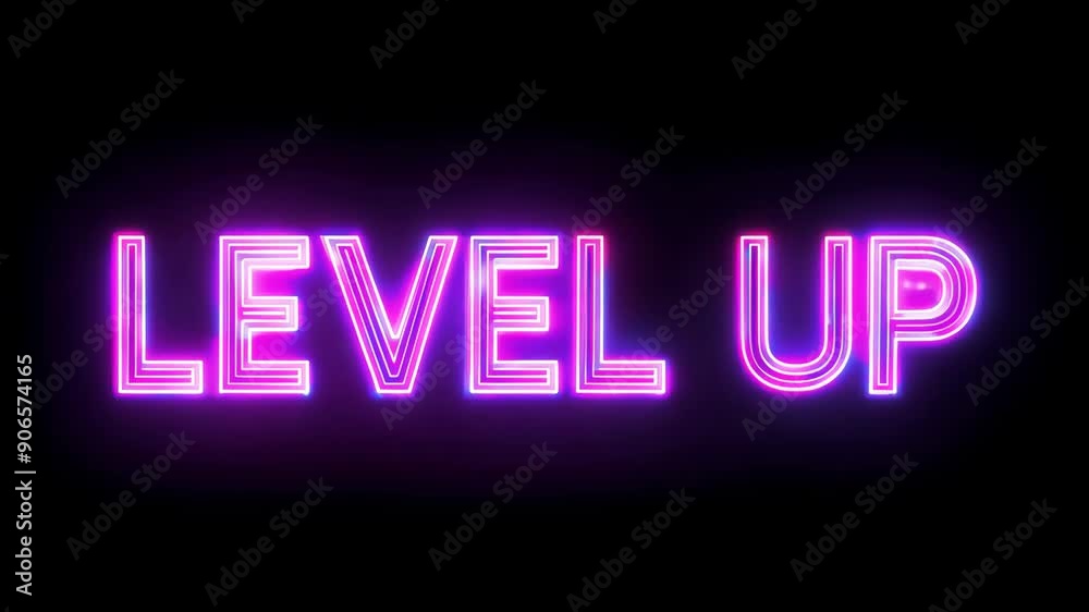 Retro animation of glowing text LEVEL UP with glitch effect on black ...