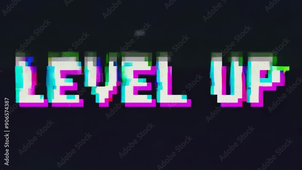 Retro animation of glowing text LEVEL UP with glitch effect on black ...