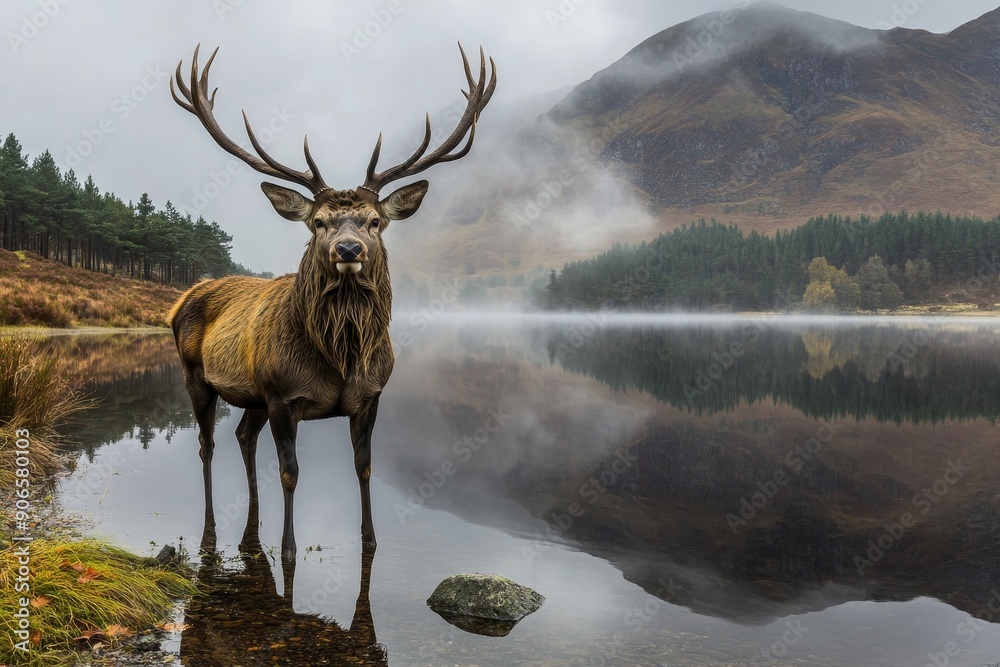 There is a majestic red deer standing proudly over rolling hills and a ...