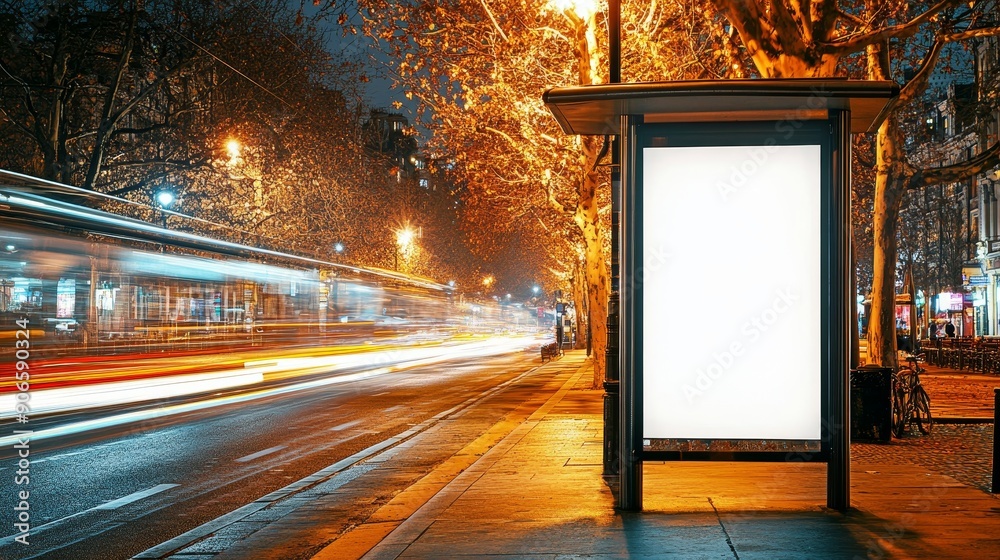 Printed white lightbox sign empty bus shelter with blank ad panel ...