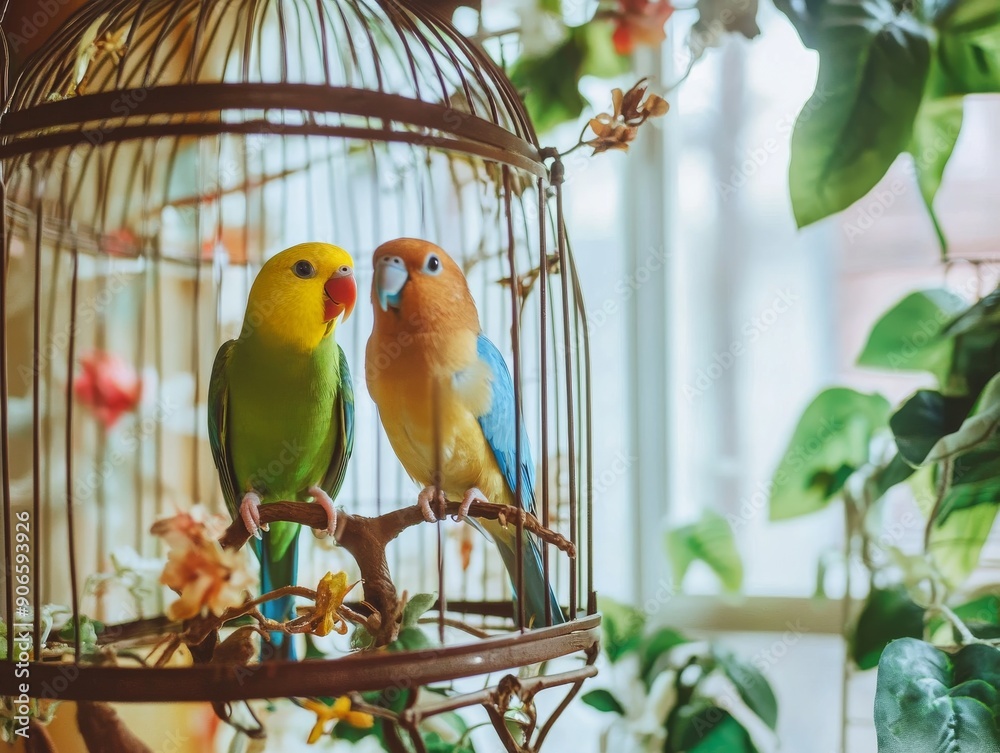 Foto de Bird watching at home with various bird species in a decorated ...