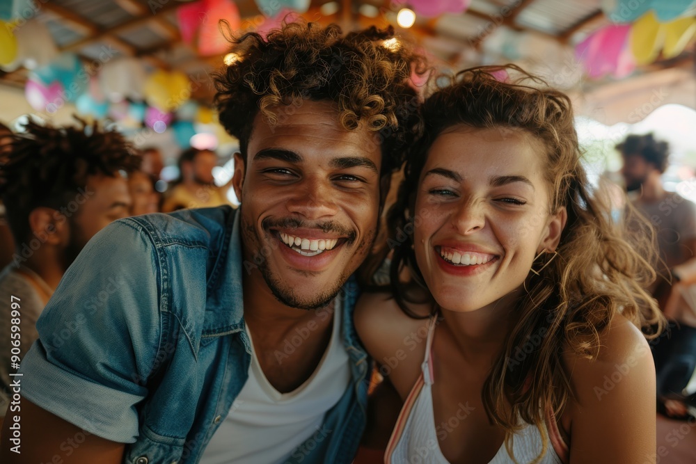 Two mixed-race friends sharing a joyful moment together indoors at a ...