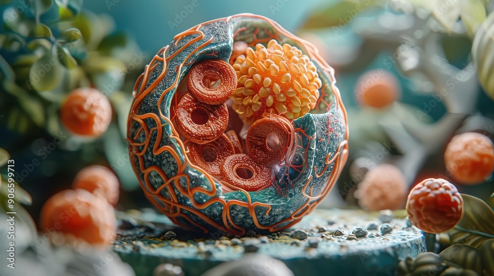 Organelles in animal cells, front view, highlighting the endoplasmic ...