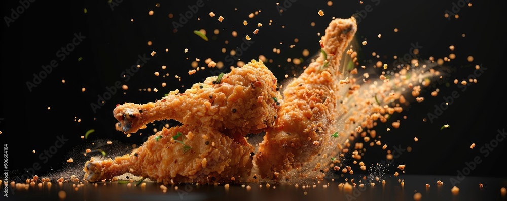 Crispy fried chicken piece with seasoned coating, flying through the ...