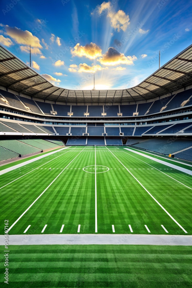 Foto de Green grass and white border lines on football ground. Soccer ...