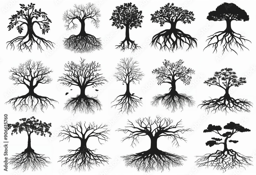 Photo & Art Print Black Tree Root Illustrations: Realistic Taproot and ...