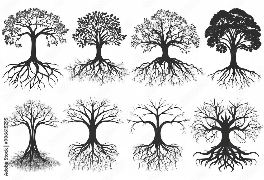 Vector Set of Tree Root Silhouettes: Taproot and Fibrous Root Systems ...