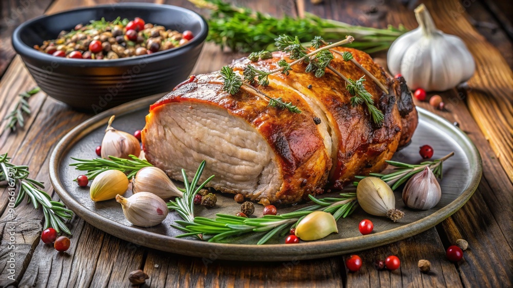 Roast pork leg, grilled pork on charcoal, sauce, mushrooms, seasonings ...