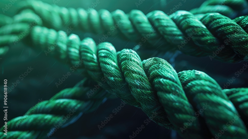 A green rope is shown in the image. The rope is twisted and has a ...