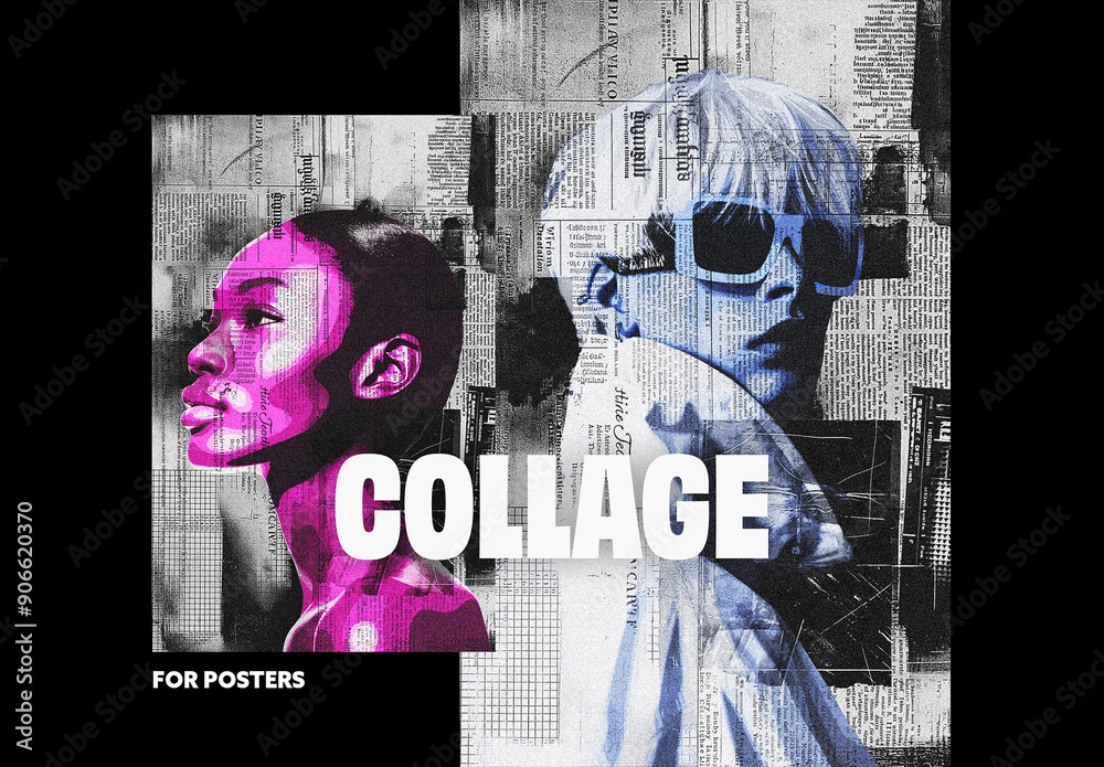 Newspaper Collage Pieces Poster Photo Effect Mockup Stock Template ...