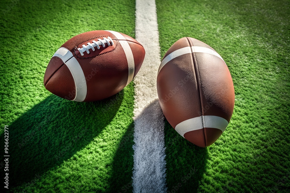 Two American Footballs on a Football Field. Two footballs lay on the ...