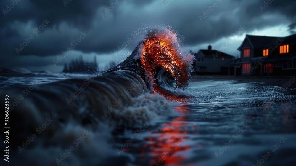 Tidal wave crashing over a coastal town, showing the force of nature ...