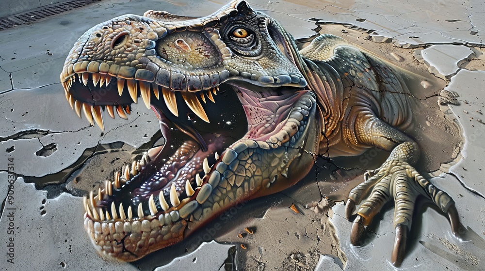 Realistic 3D rendering of a fierce Tyrannosaurus rex breaking through concrete, with sharp teeth ...