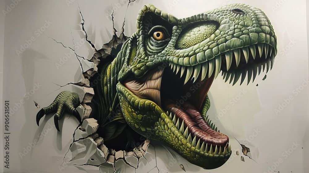 Realistic mural of a T-Rex dinosaur breaking through a wall, showcasing artistic detail and ...