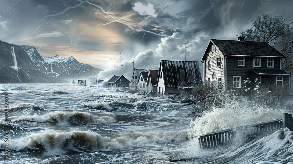 Extreme Weather Conditions, Flooded Coastal Village During Storm, High ...