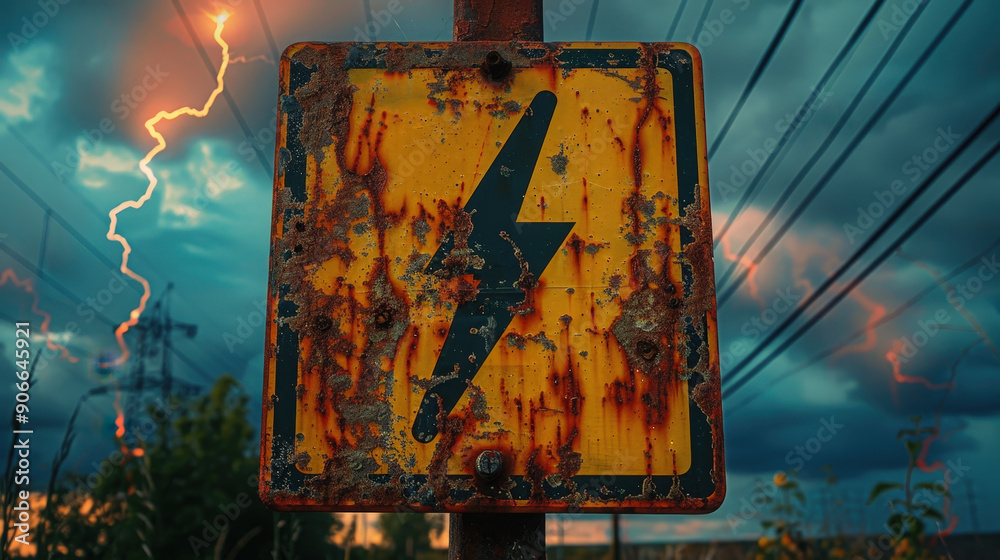 High voltage sign with a lightning bolt on a power box, Warning sign ...