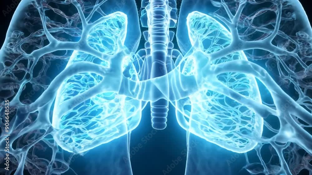 A close up of the lungs of a human body. The lungs are shown in blue ...