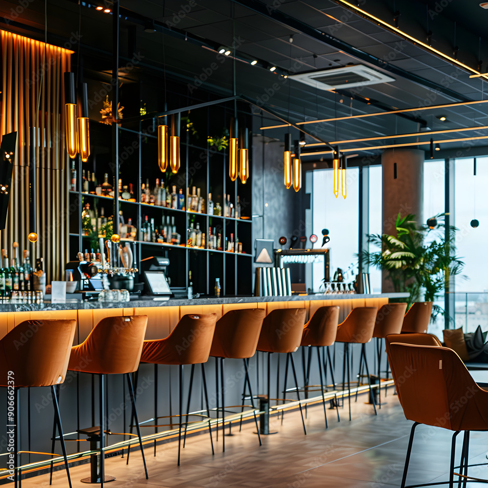 Modern bar interior featuring a sleek bar counter with bar stools ...