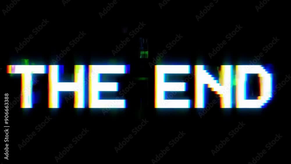 Retro animation of glowing text THE END with glitch effect on black ...