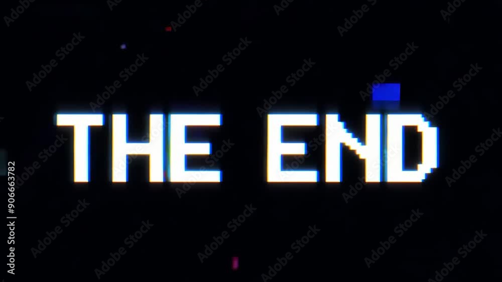 Retro animation of glowing text THE END with glitch effect on black ...