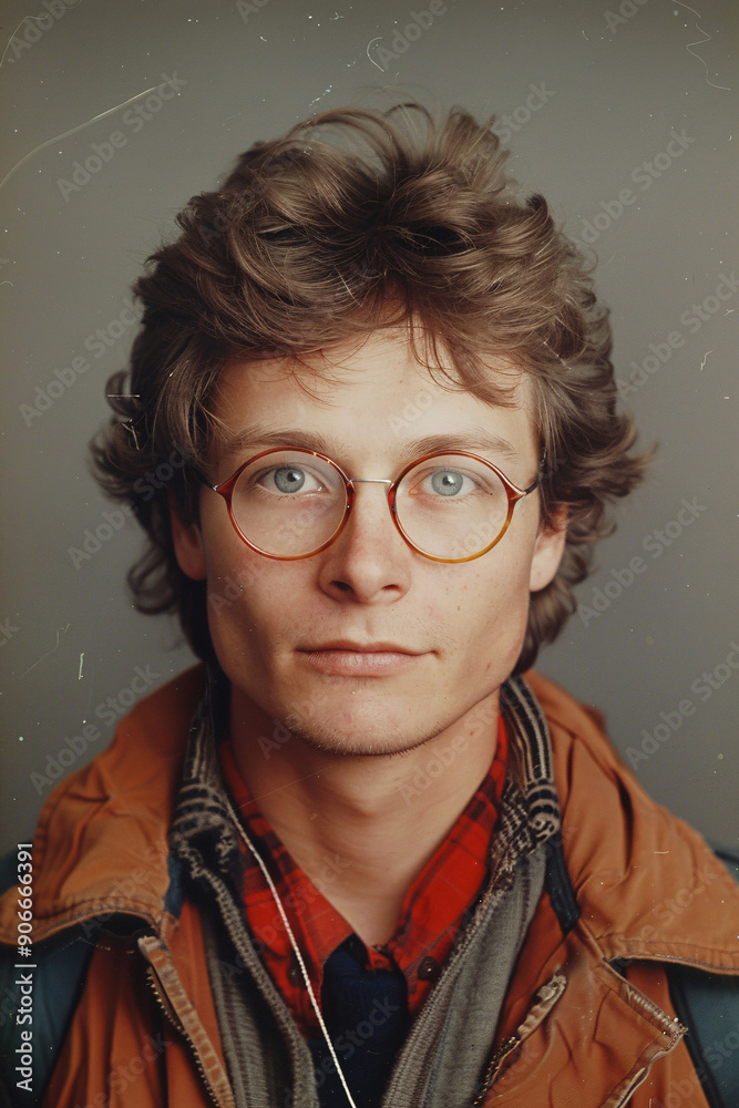 1980s-style portrait- or passport photo of a young man wearing glasses ...