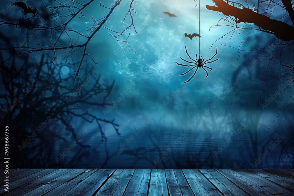 Eerie night in a haunted forest with spider, bats, and misty atmosphere ...