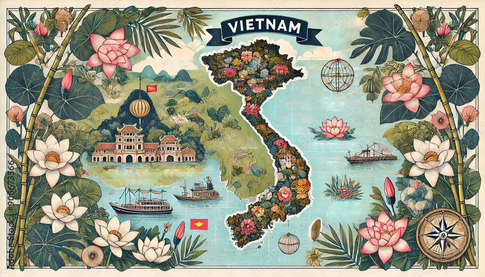 Colorful and Detailed Map of Vietnam's Tourist Attractions Stock ...