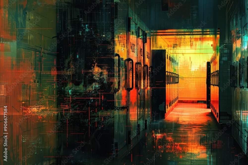 Abstract digital art of a malfunctioning school bus, glitch effects ...