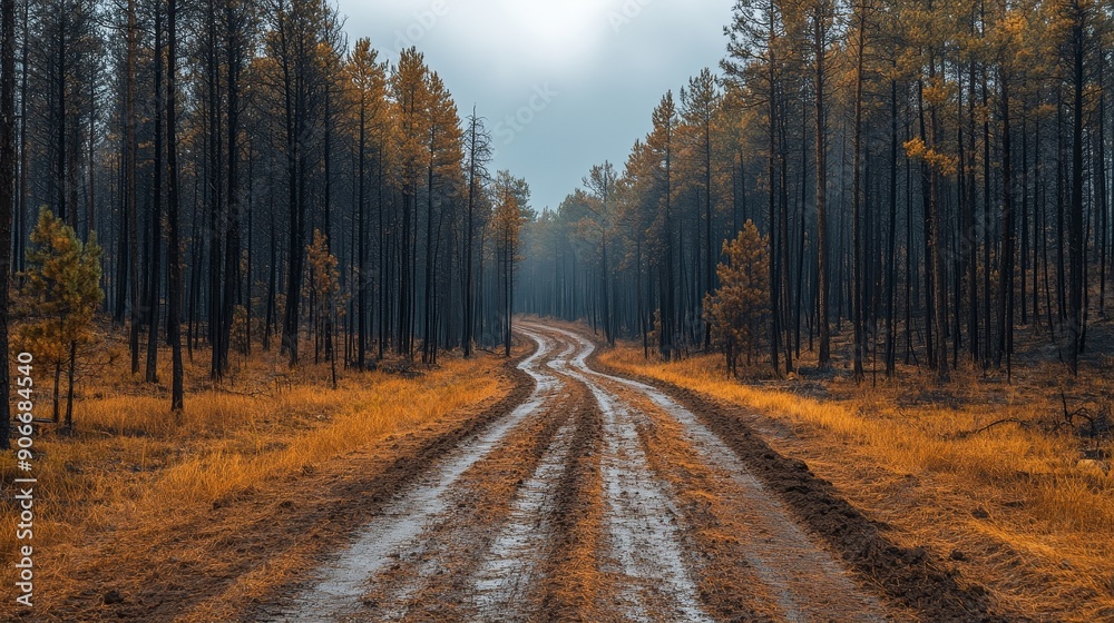 Resilient Road Through Fire-Scorched Pine Forest Showing Signs of ...