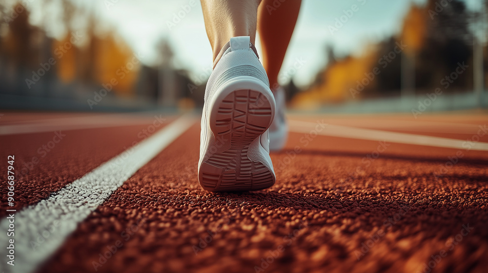 The feet of a runner in athletic shoes pound the track of an Olympic ...