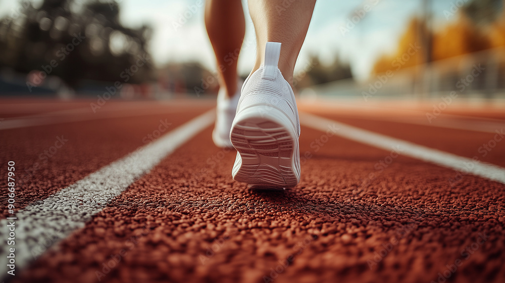Running shoes hit the track in an Olympic stadium as a runner pushes ...