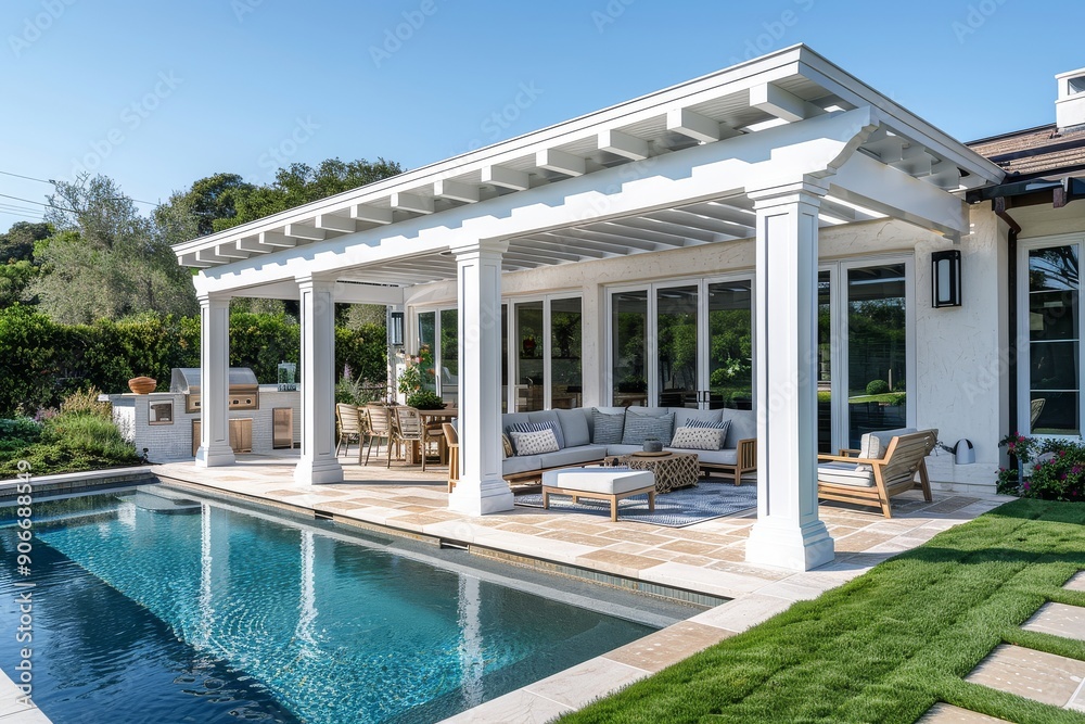 Beautiful white aluminum patio cover with California house in the ...
