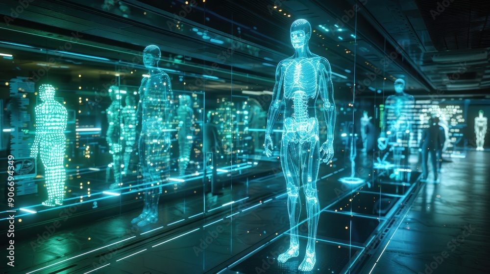 3D hologram of human endocrine system, translucent glands and organs ...