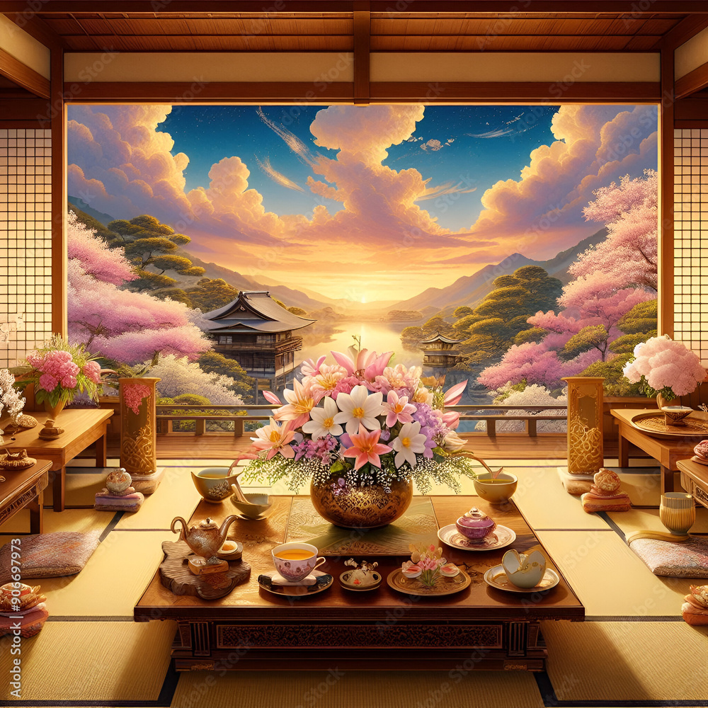 A traditional Japanese tea ceremony taking place in a traditional ...