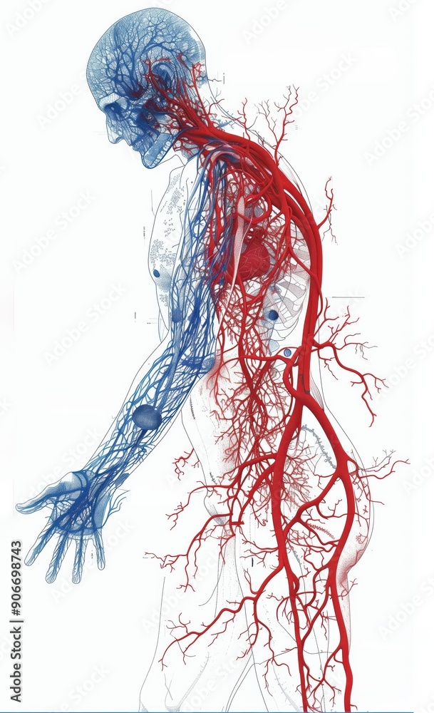 Human nervous system capillaries and vessels red and blue, blood flow ...