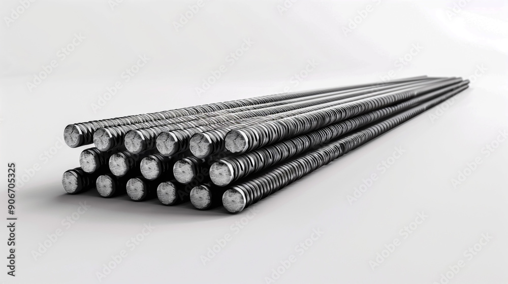 Stainless steel rebars stacked in a single row on a plain white ...