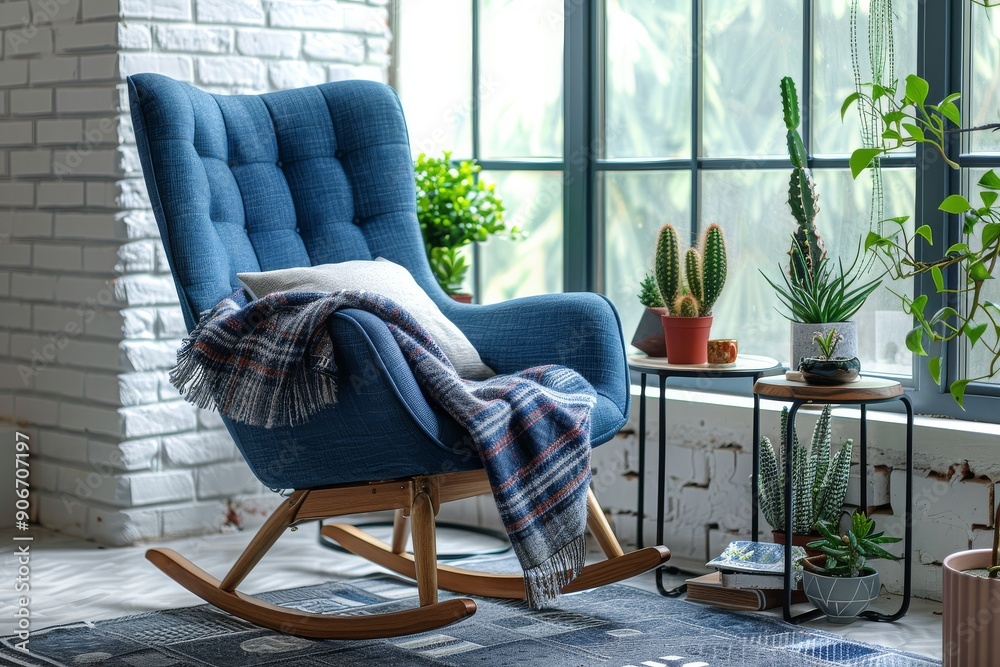 Mid-century modern blue linen rocking chair with wooden legs and ...