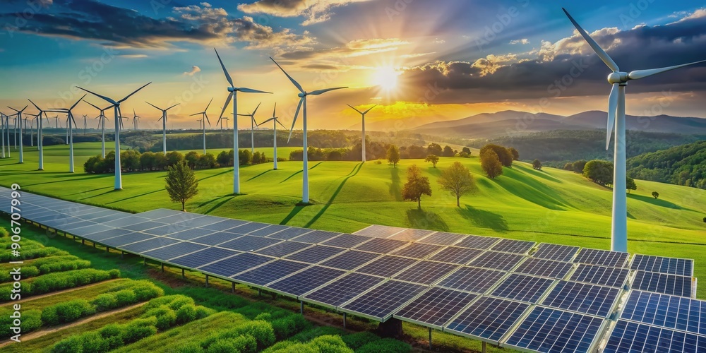 Vibrant green landscape with rows of wind turbines or solar panels ...