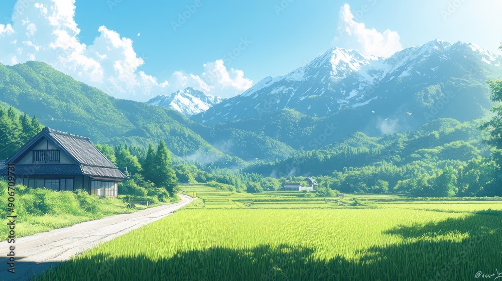 Idyllic scene of the Japanese countryside with a Muji style house ...