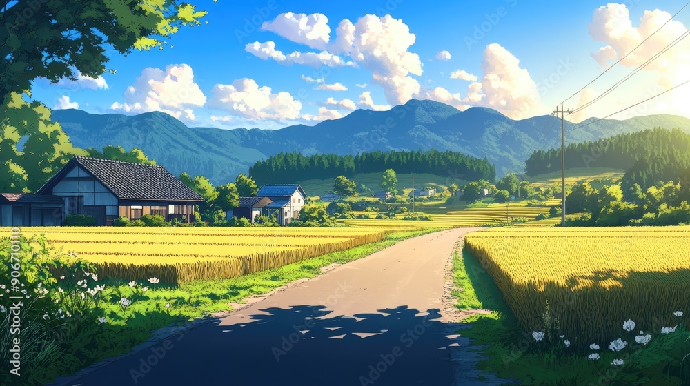 Picturesque cartoon of the Japanese countryside featuring a Muji style ...