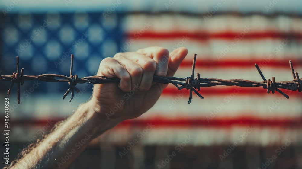 Symbolic Image of Immigration Debate: Hand Reaching Through Barbed Wire ...