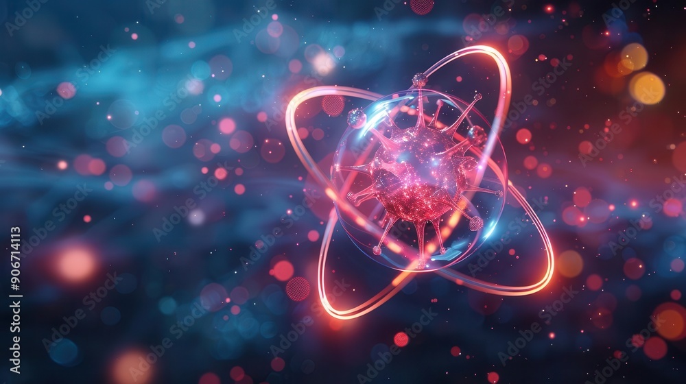 Nucleus with protons, atomic particles, side view, core stability and ...