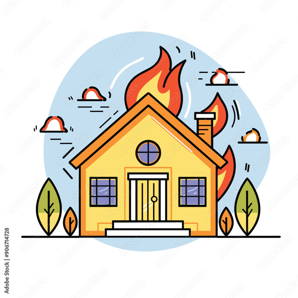 Yellow house fire, flames coming out roof, dangerous situation ...