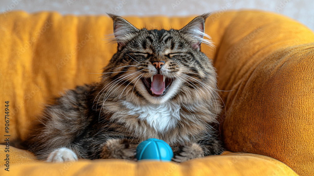 Fluffy cat yawning while lounging on a cozy yellow armchair, holding a ...